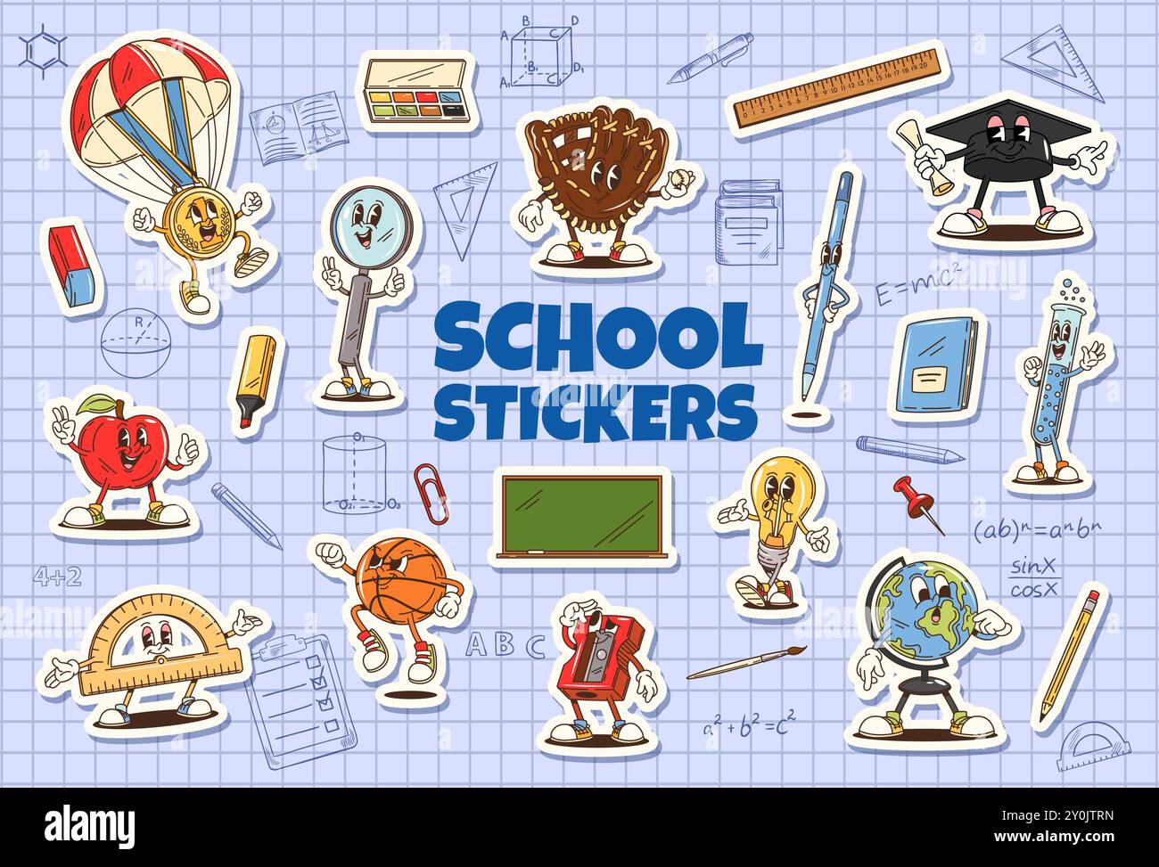 Cartoon groovy school education characters and stationery stickers pack ...