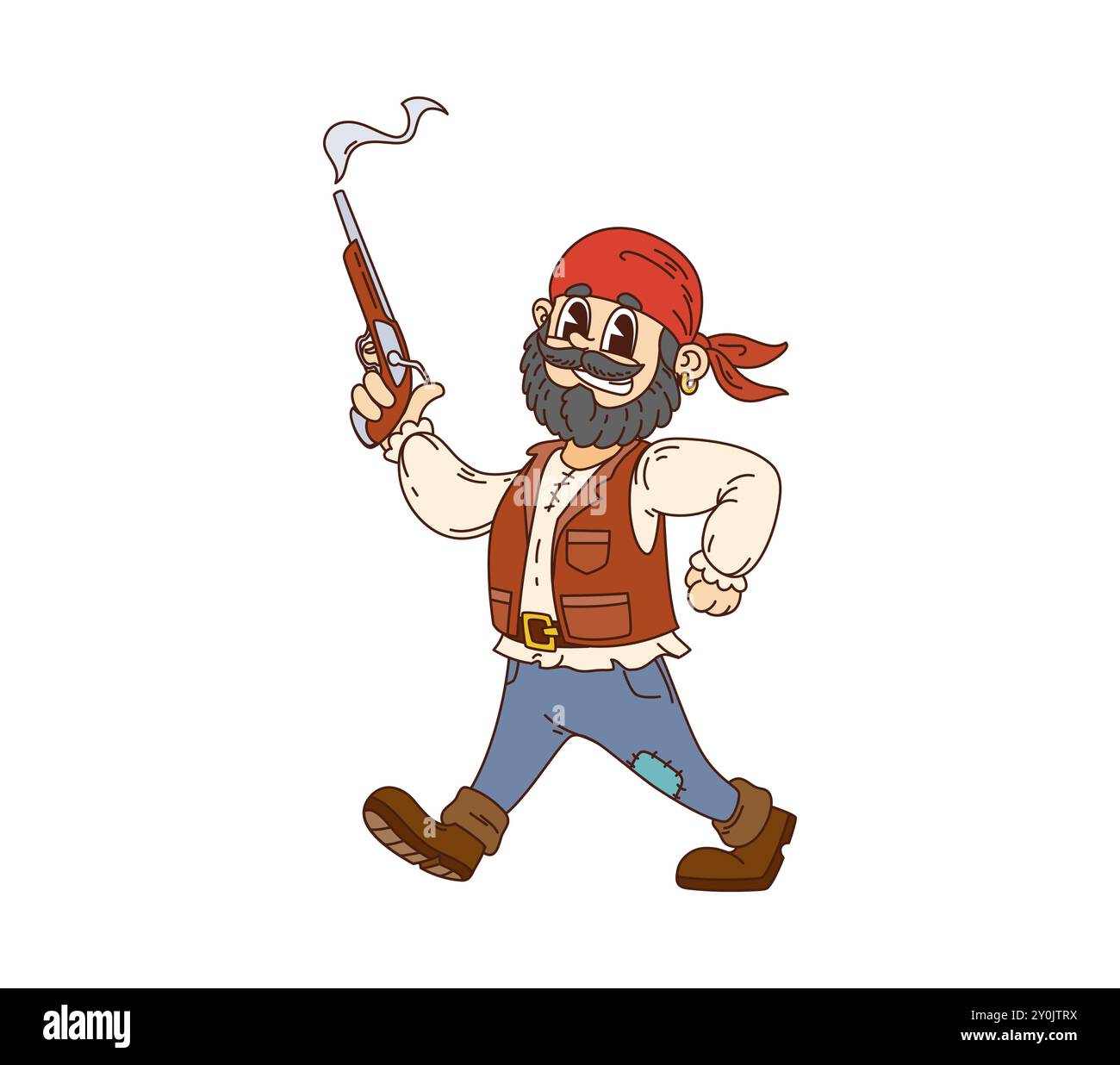 Retro cartoon groovy pirate and corsair character holding steaming gun. Isolated vector sailor ...
