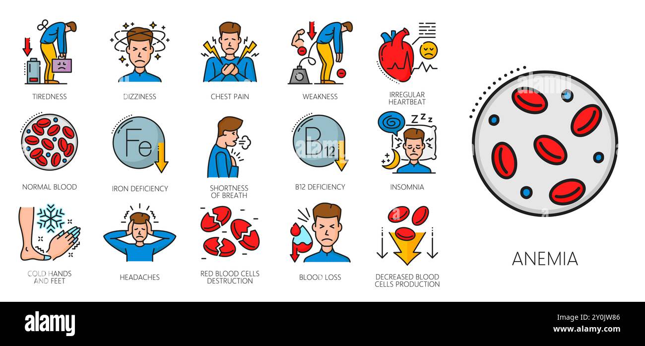 Hematology color line icons, anemia symptoms, disease of iron ...
