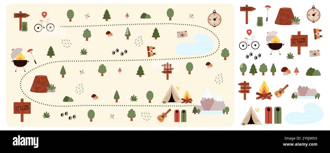 Camping and Hiking map creator and set flat elements for creating kids ...