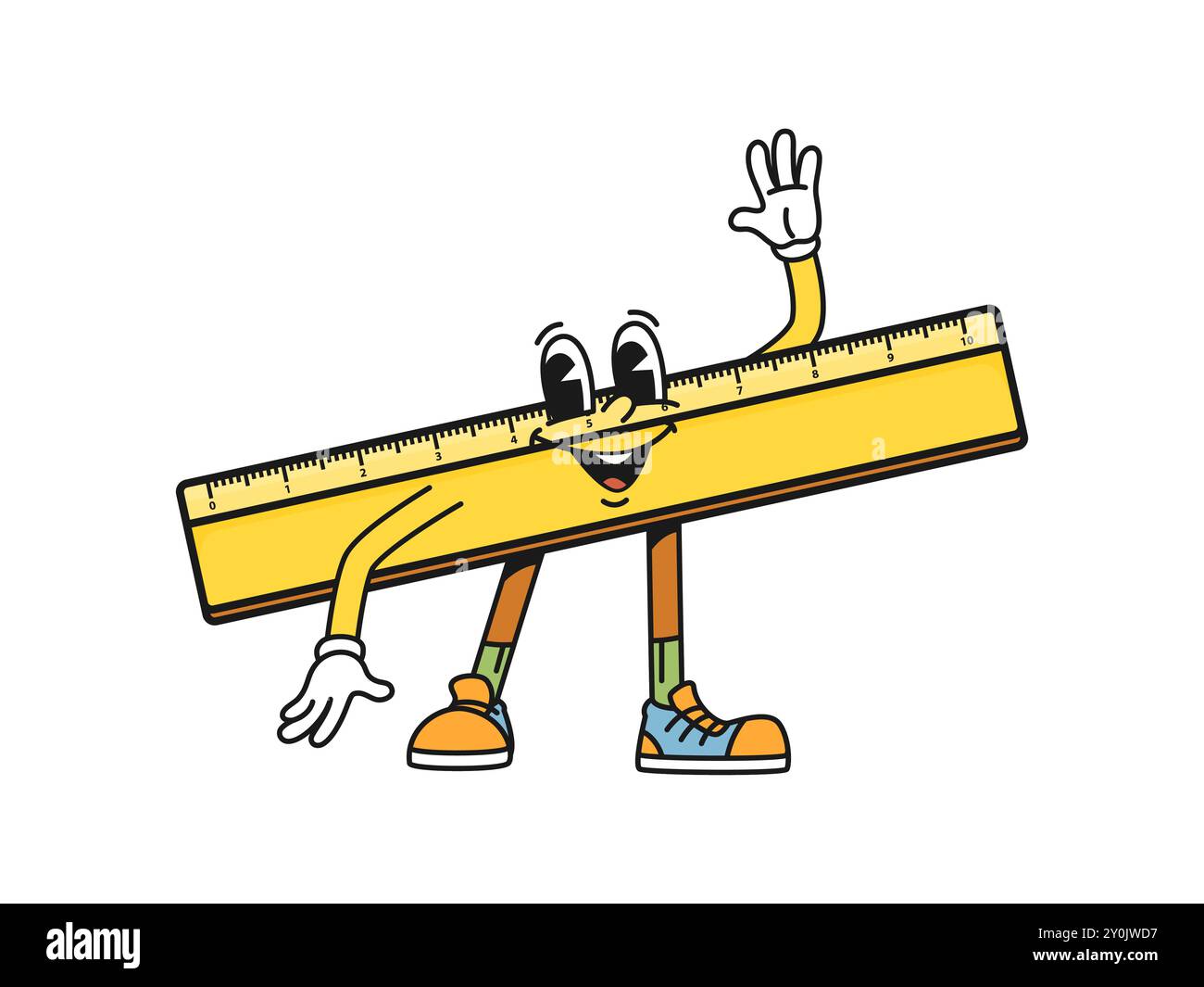 Cartoon groovy ruler school character waving hand, ready to measure and ...
