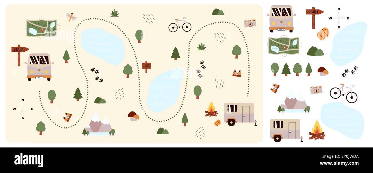 Camping and Hiking map creator and set flat elements for constructing ...