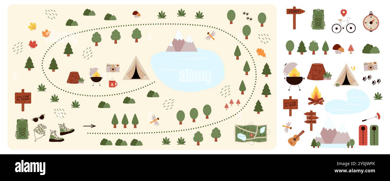 Camping and Hiking map creator and set flat elements for constructing ...