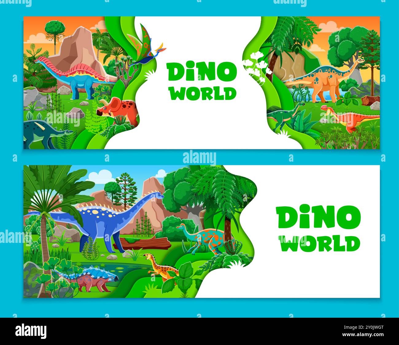 Paper cut banners with prehistoric dinosaur characters. Cartoon dino ...