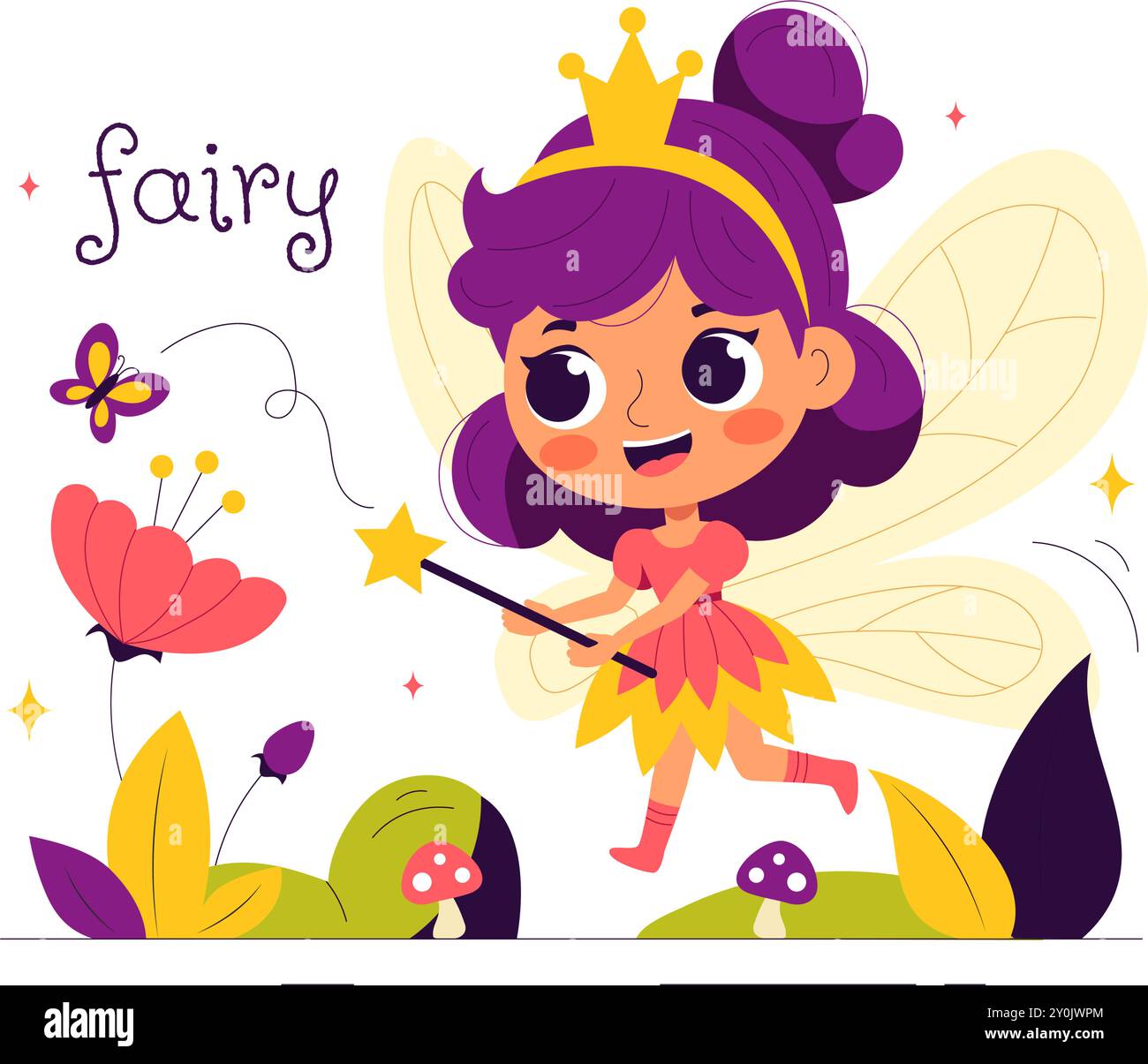 Beautiful Flying Fairy Vector Illustration with Elf, Landscape, Tree ...