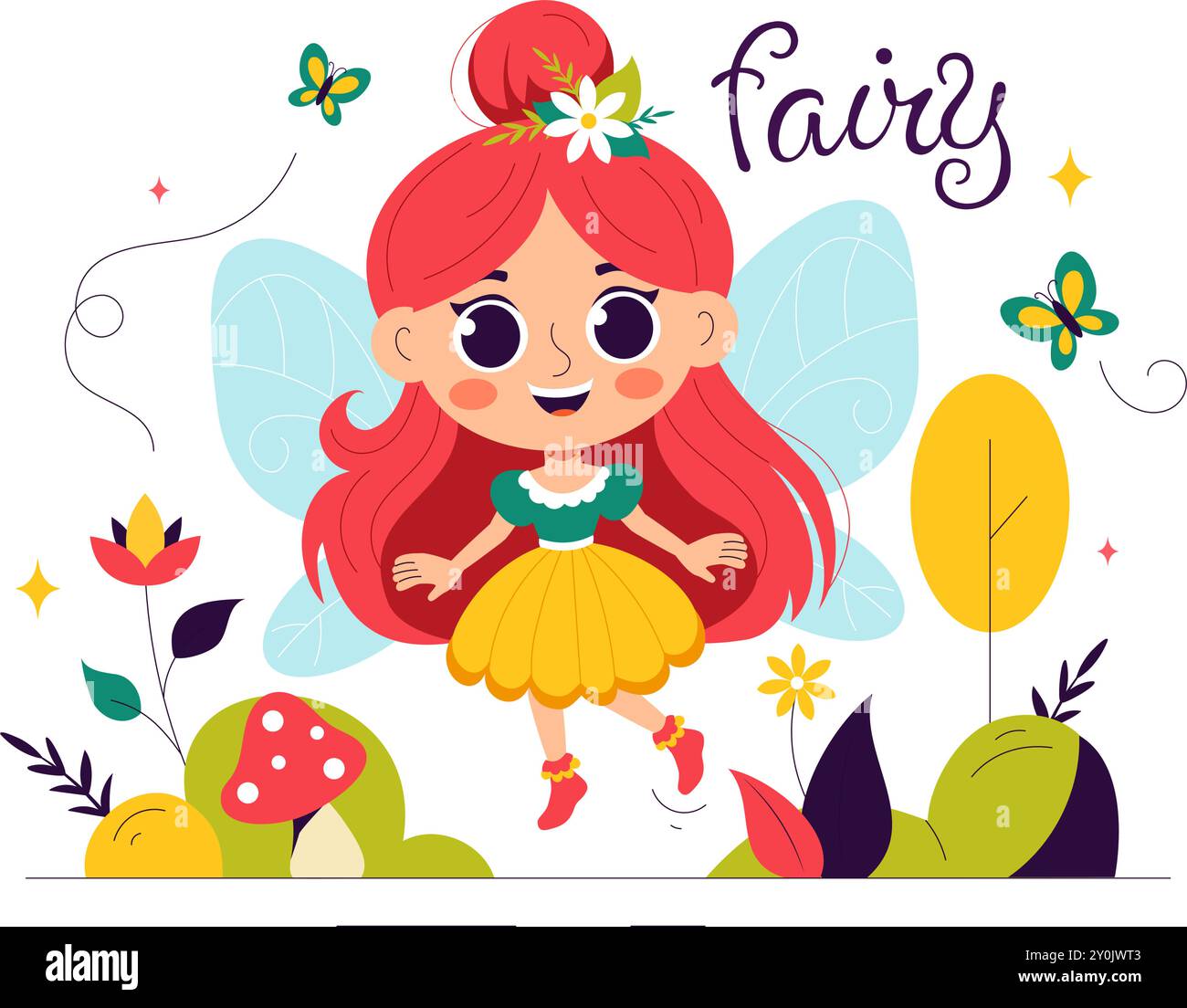 Beautiful Flying Fairy Vector Illustration with Elf, Landscape, Tree ...