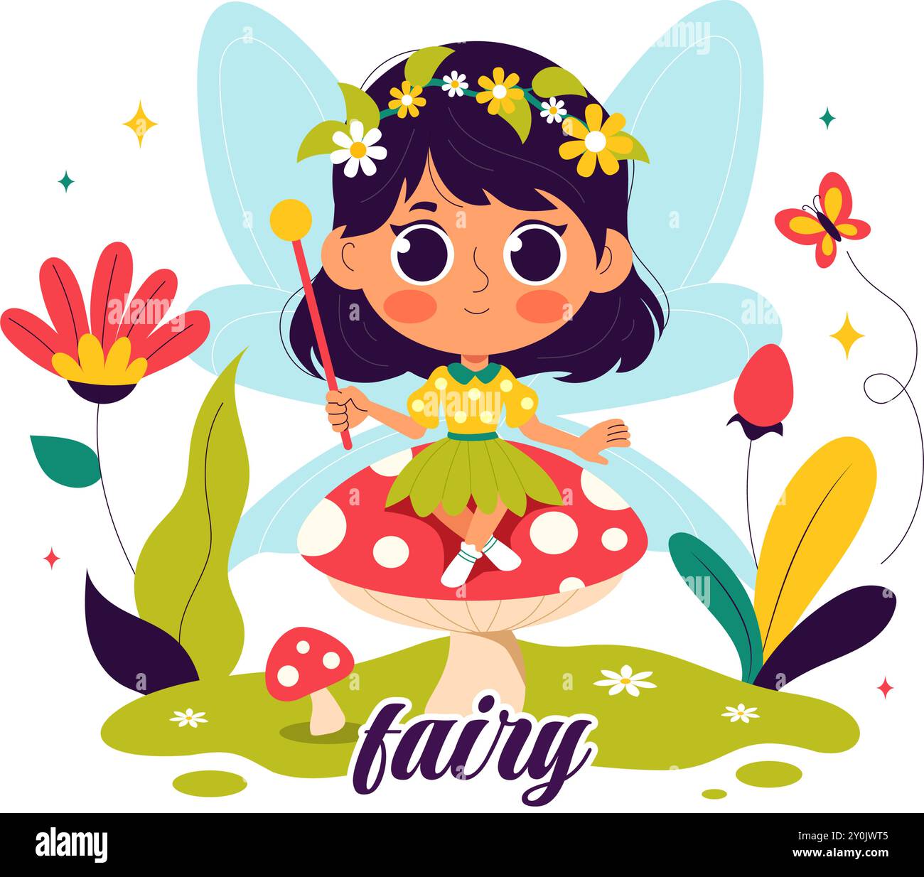 Beautiful Flying Fairy Vector Illustration with Elf, Landscape, Tree ...