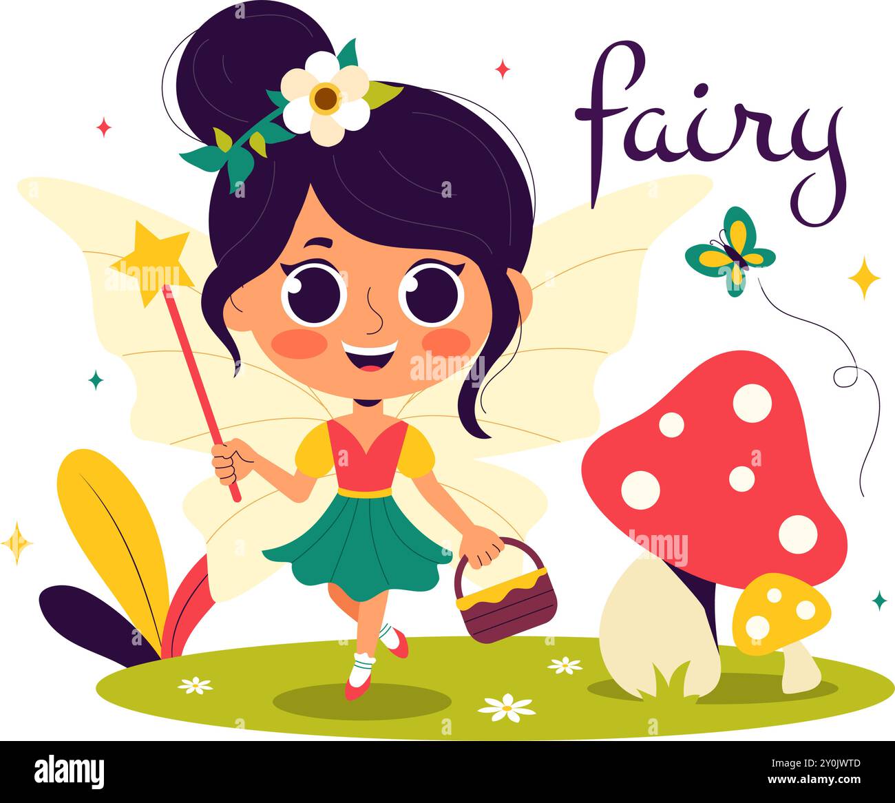 Beautiful Flying Fairy Vector Illustration with Elf, Landscape, Tree ...