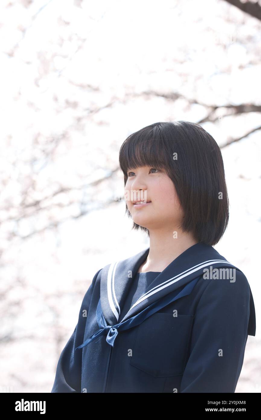 Junior high school girl and cherry blossom Stock Photo - Alamy