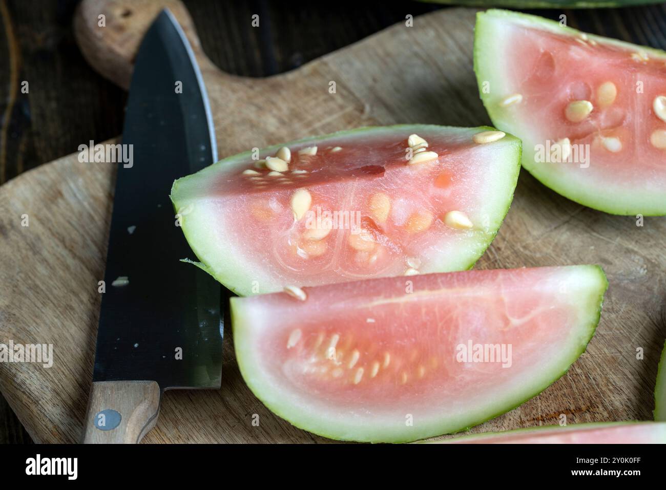 Unripe watermelon of small size with large white seeds and light pink ...