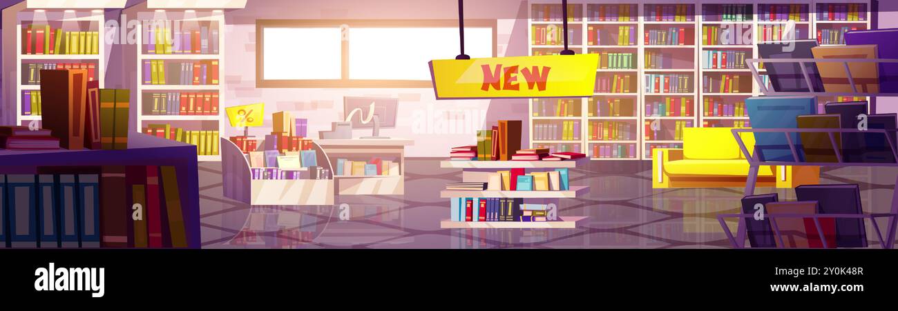 Bookstore interior background. Book store cartoon. School library room ...