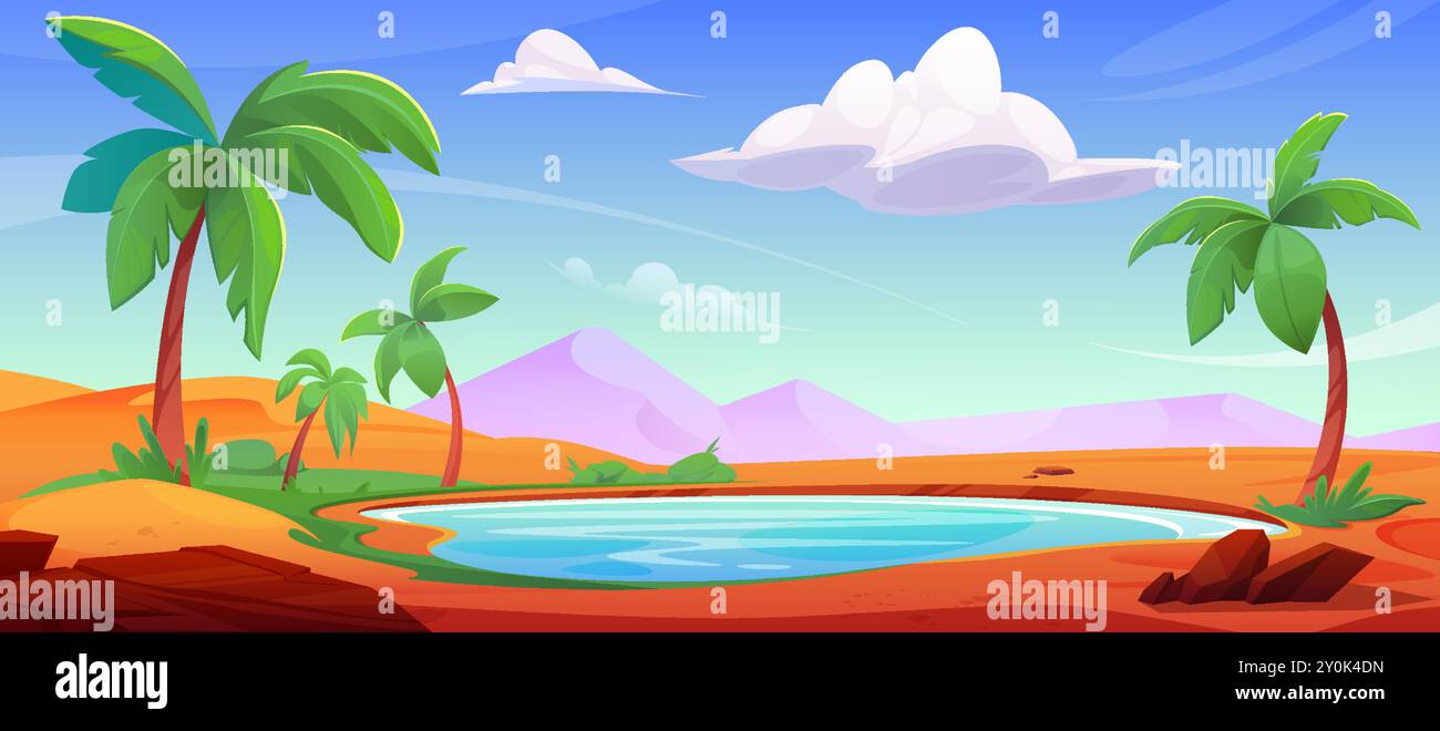 Arabian desert oasis with tropical lake. Vector cartoon illustration of ...