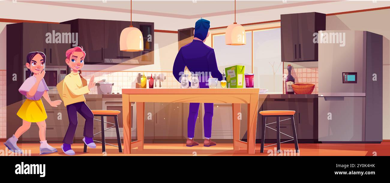 Man near fridge and children in kitchen cartoon illustration. Kids ...