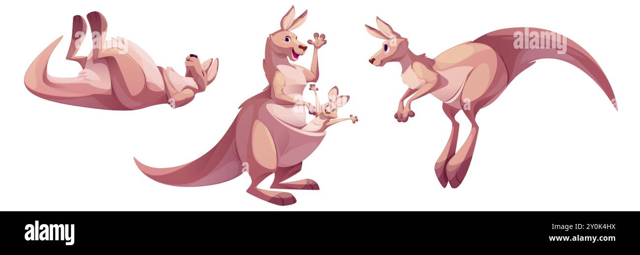 Australia kangaroo character. Funny and cute jump animal clipart. Mother and baby wallaby ...