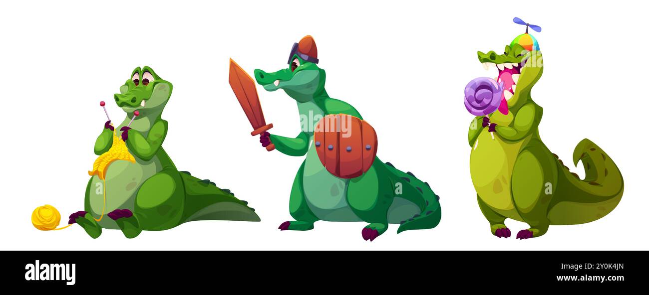 Cute alligator vector. Happy crocodile mascot illustration set. Funny ...