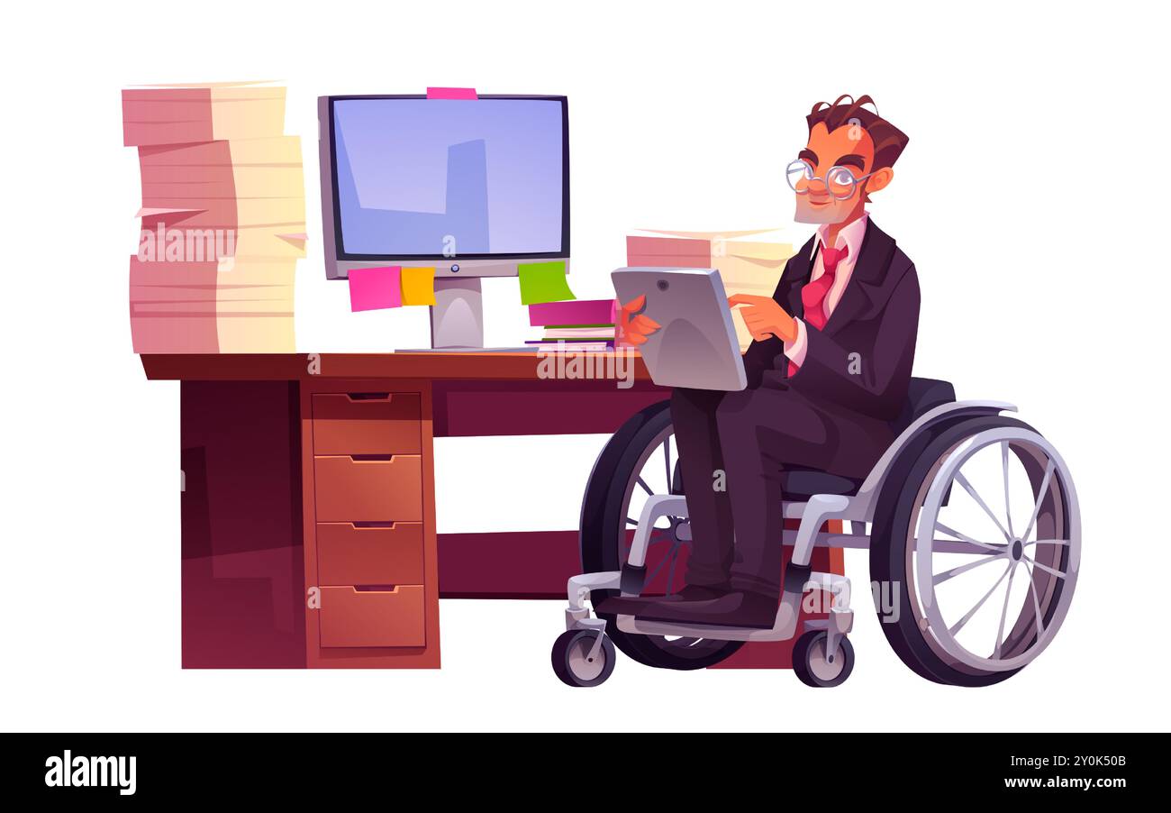 Wheelchair person in work table. Inclusive office illustration ...