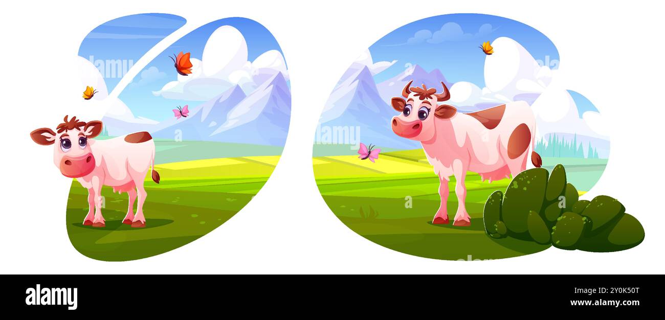 Cow pasture on farm field. Green grass meadow hill scene. Dairy animal ...