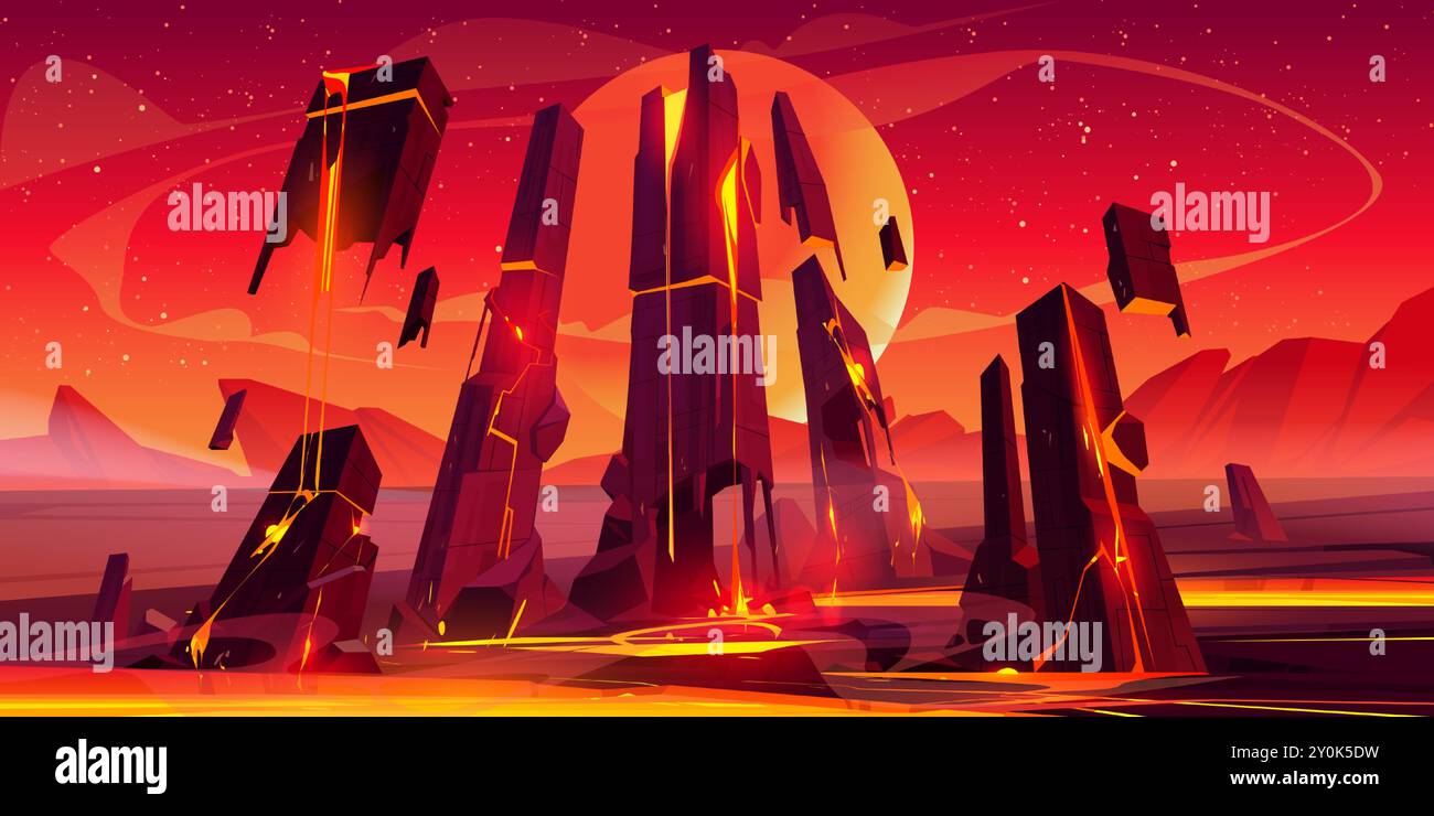 Red alien planet surface with rock cliff mountains and flowing hot ...