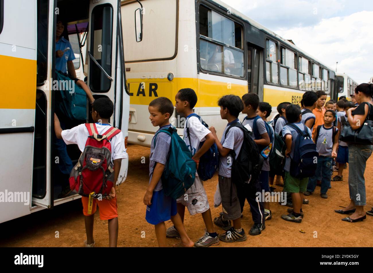 school children near their school bus in the outskirts of Brasilia ...