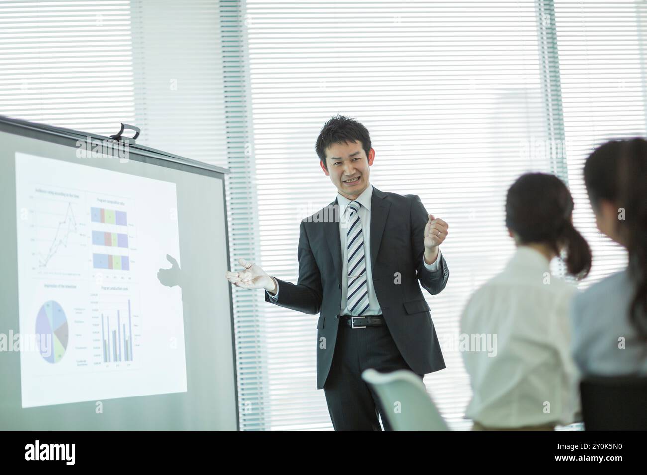 The businessman who explains at the meeting which uses a projector ...