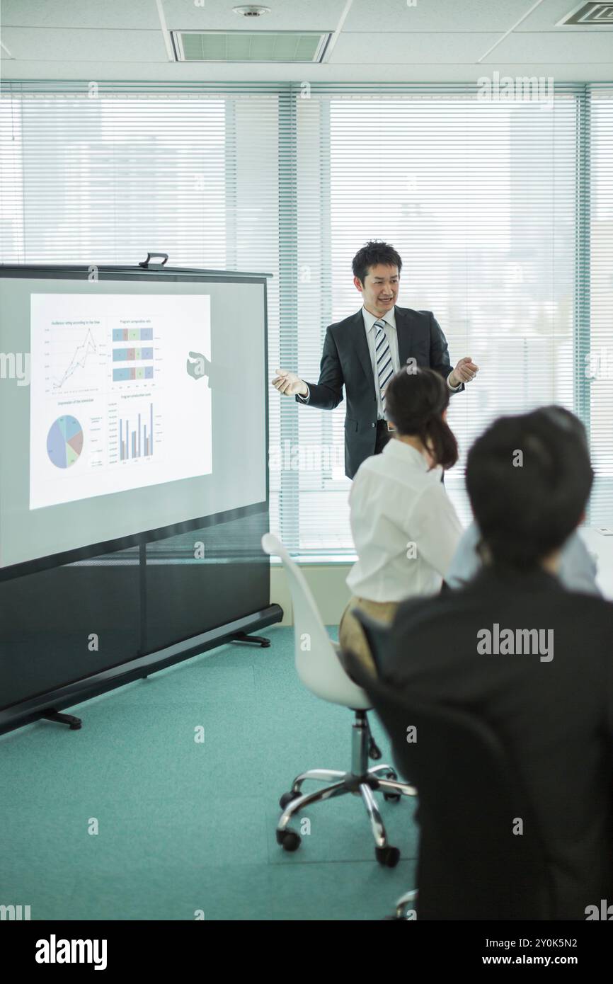 The businessman who explains at the meeting which uses a projector ...