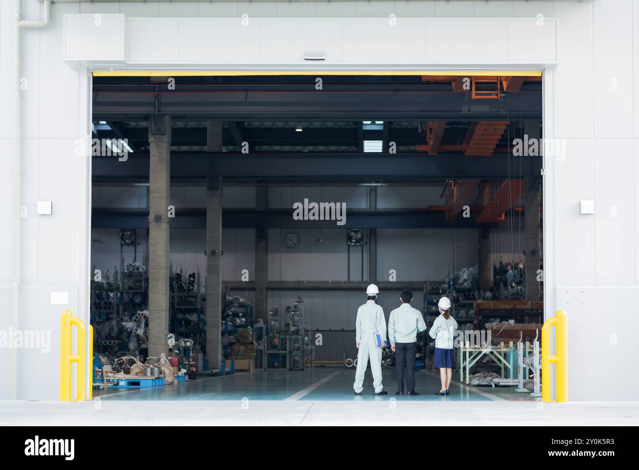 the back view a pair of male and female workers standing in a factory ...