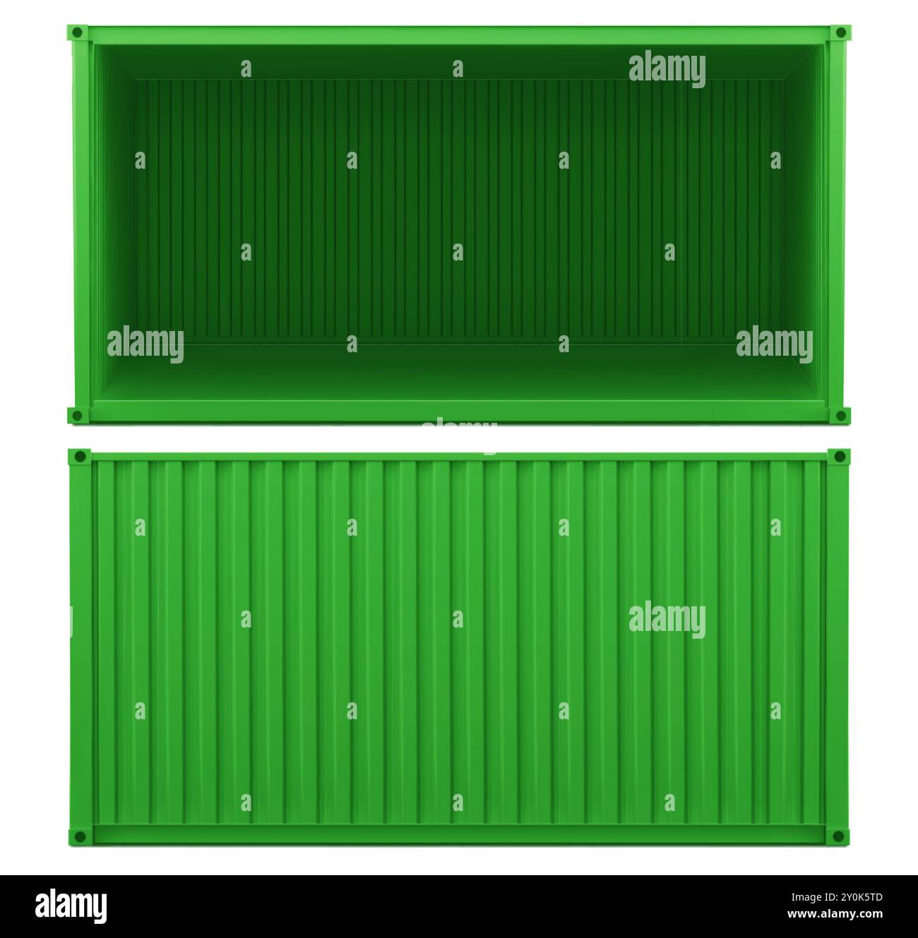 Green ship cargo container. Open storage box side. Export warehouse ...