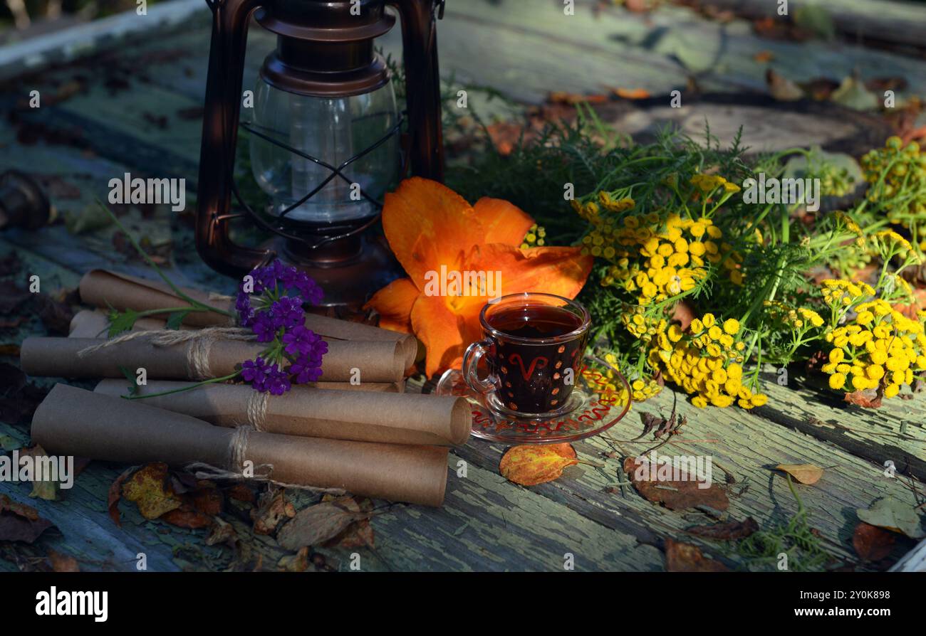 Mystic still life with old paper scrolls, flowers and witchy ritual ...