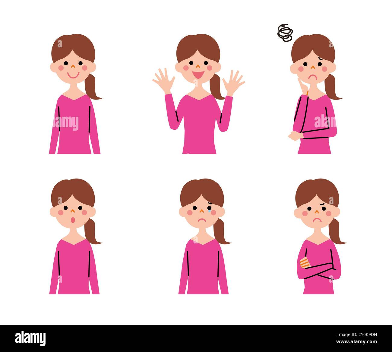 Six expression patterns of a woman long hair Stock Photo - Alamy