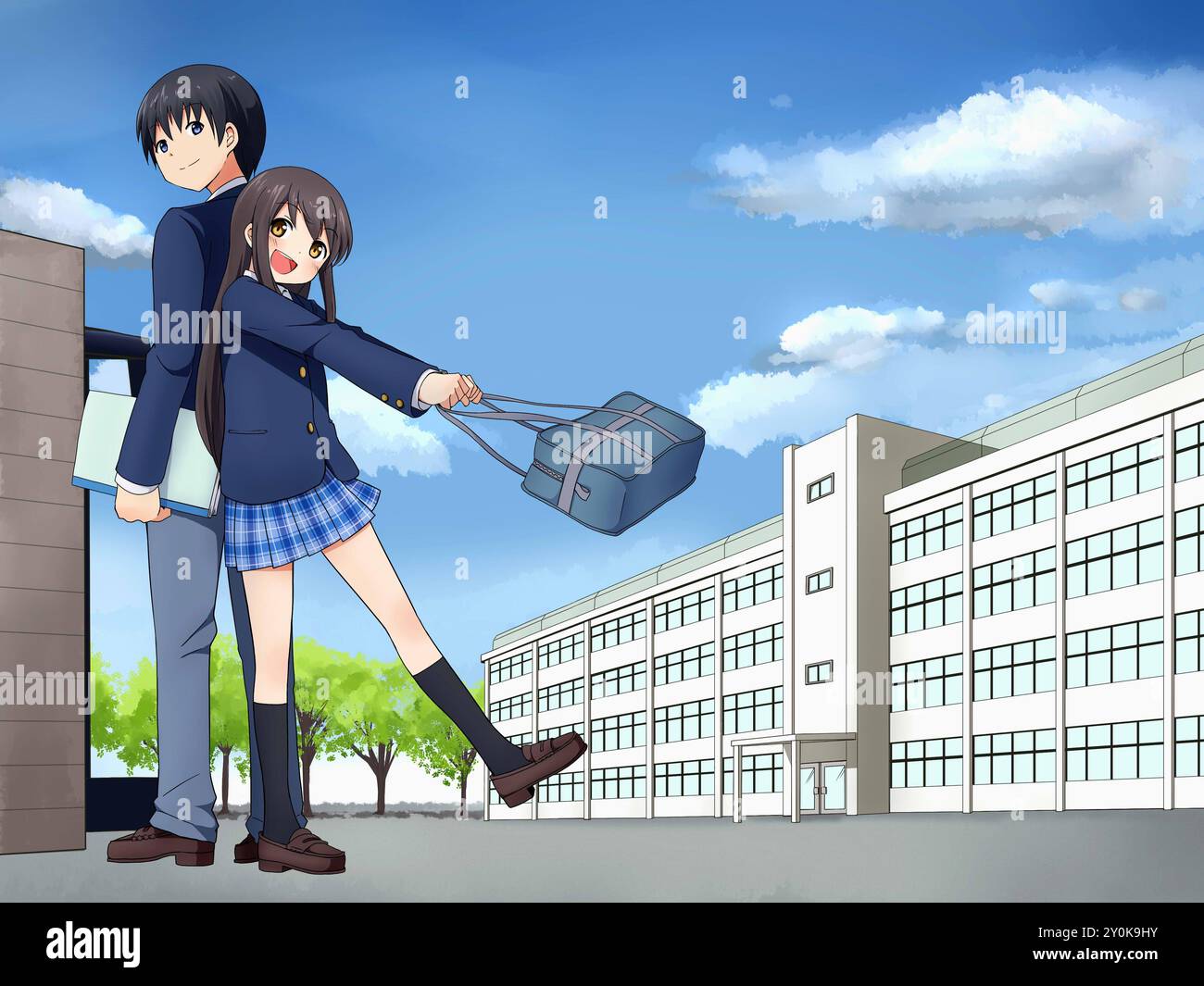 Student boy and student girl standing back to back, with a school ...