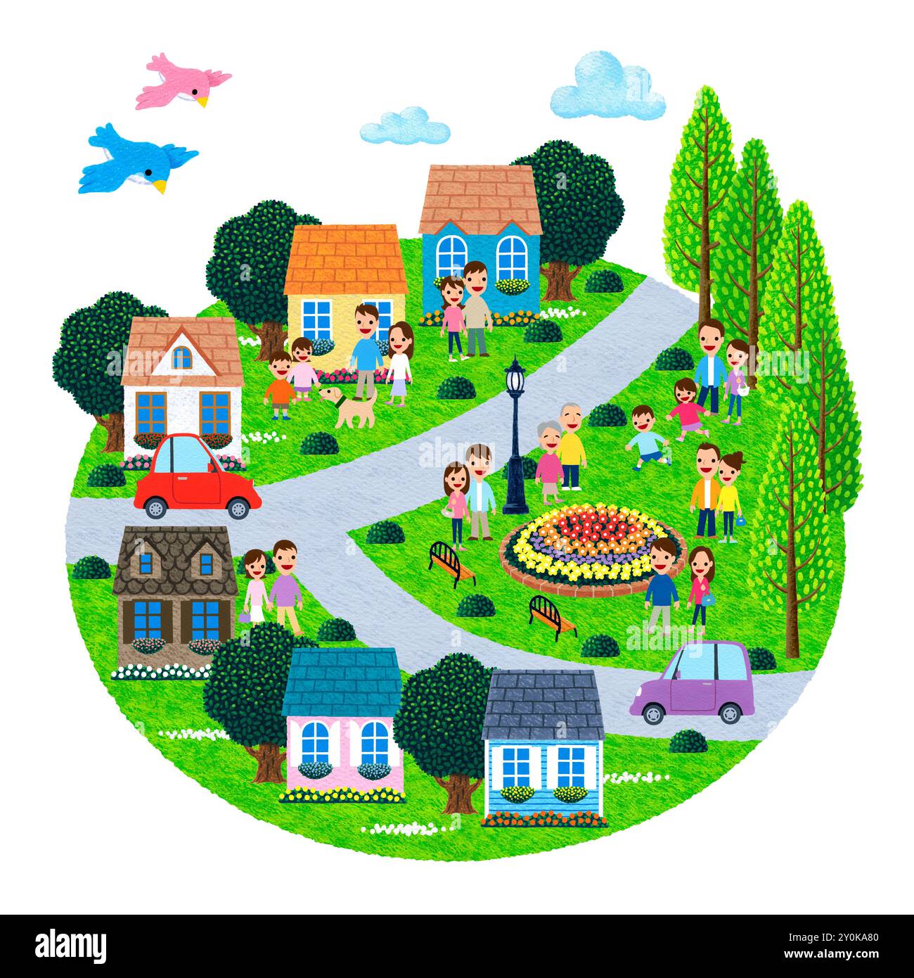 Town illustrations/ Park with flower beds and residential area Stock ...