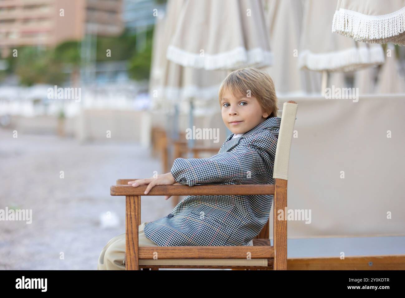 Beautiful fashion little boy, child in suit and tie, visiting Monaco ...