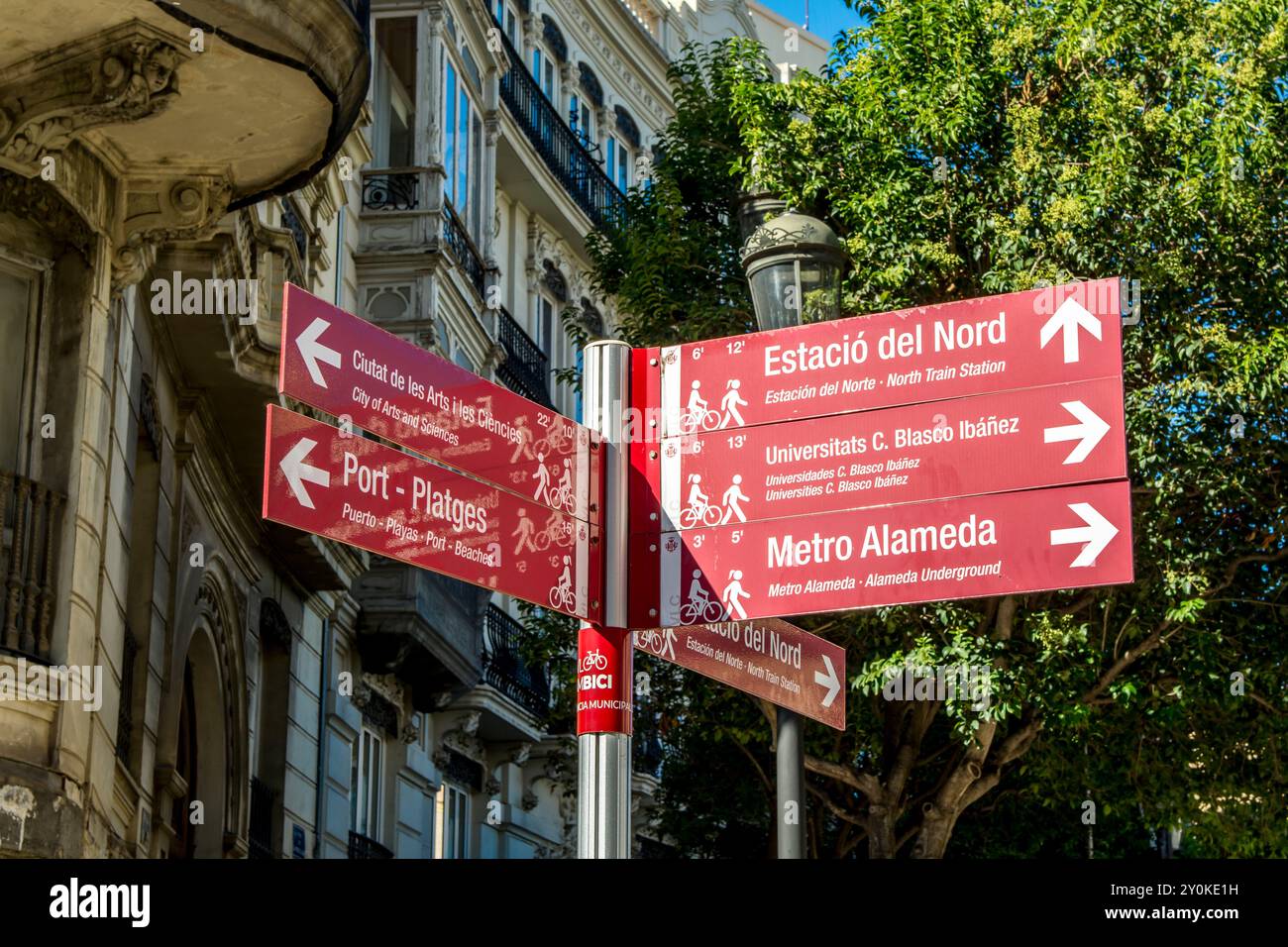 Tourism street signs to the city attractions, Valencia, Spain Stock ...