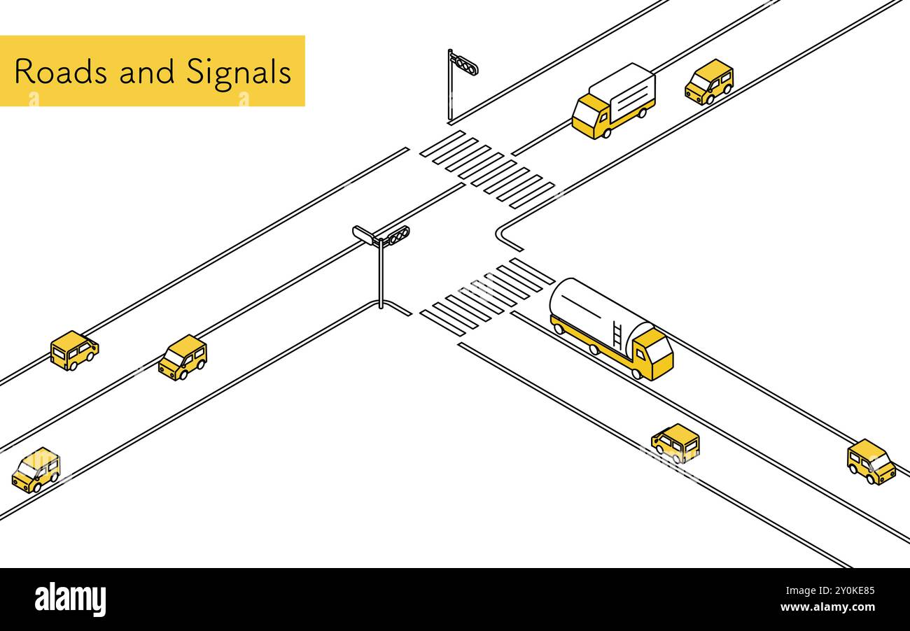 Car on T-junction with traffic light, Isometric illustration with ...