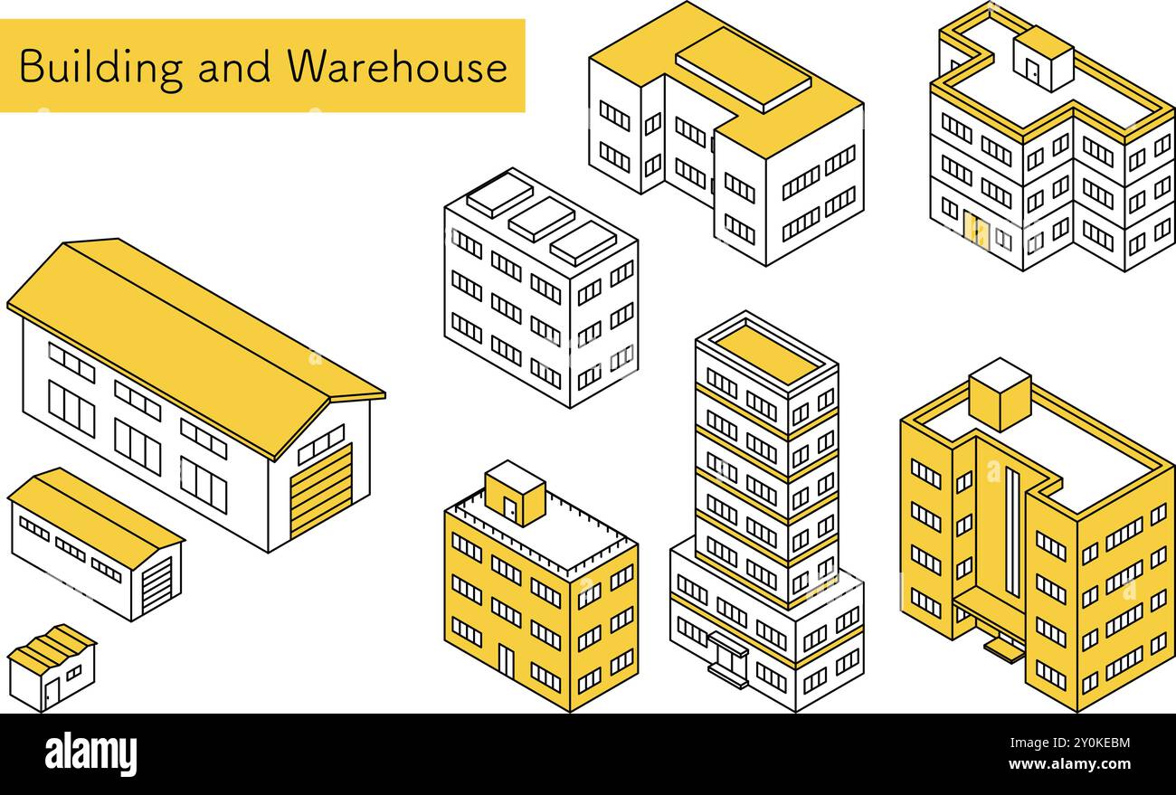Buildings and warehouses, Isometric illustration with simple line ...