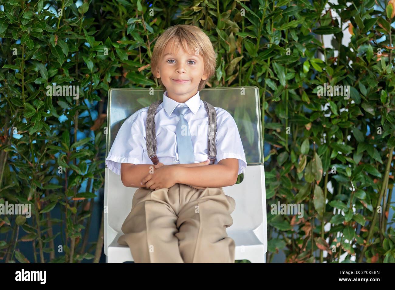 Beautiful fashion little boy, child in suit and tie, visiting Monaco ...