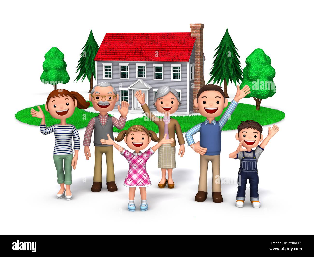 Three generations family and house with red roof Stock Photo - Alamy