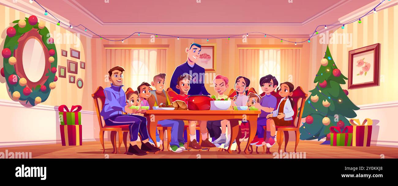 Christmas family dinner with friends on table vector illustration ...