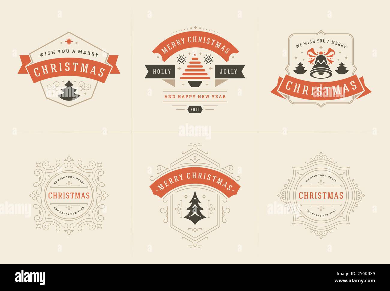 Merry Christmas vector ornate labels and badges set happy new year and ...