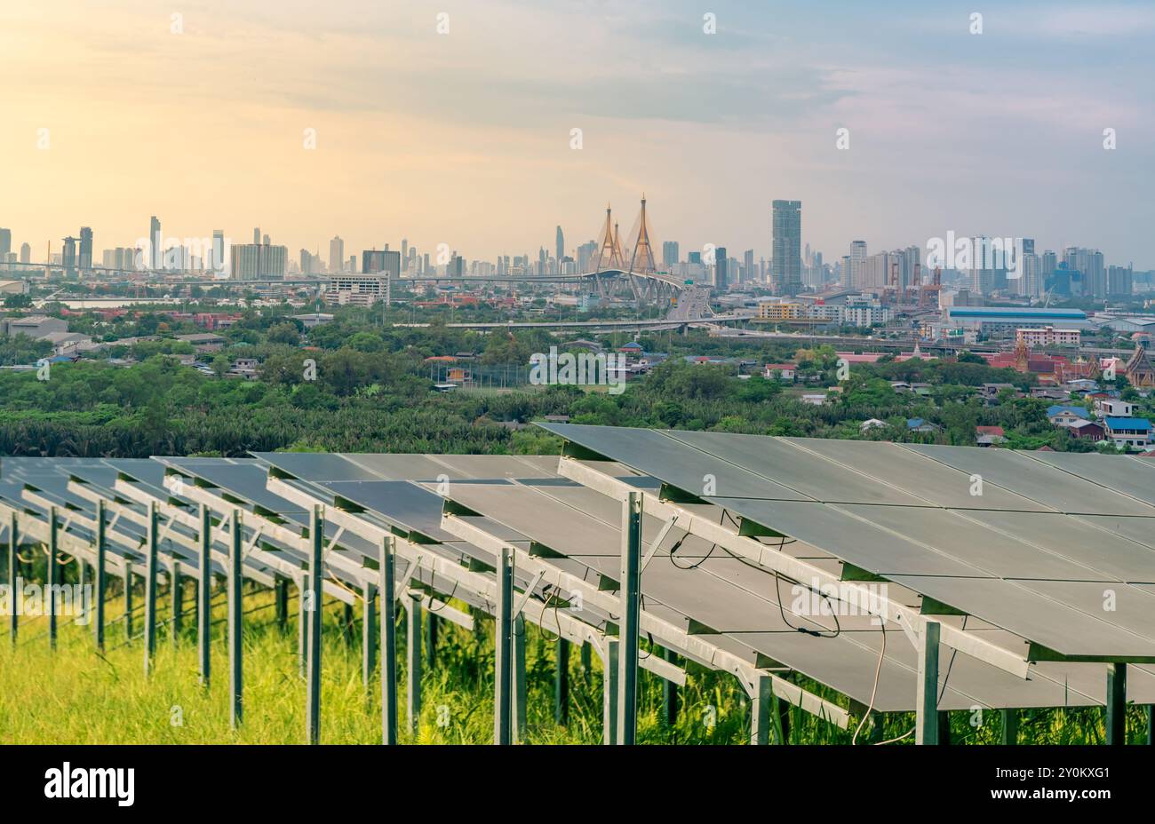 Sustainable city with green energy and net zero emissions. Solar power ...