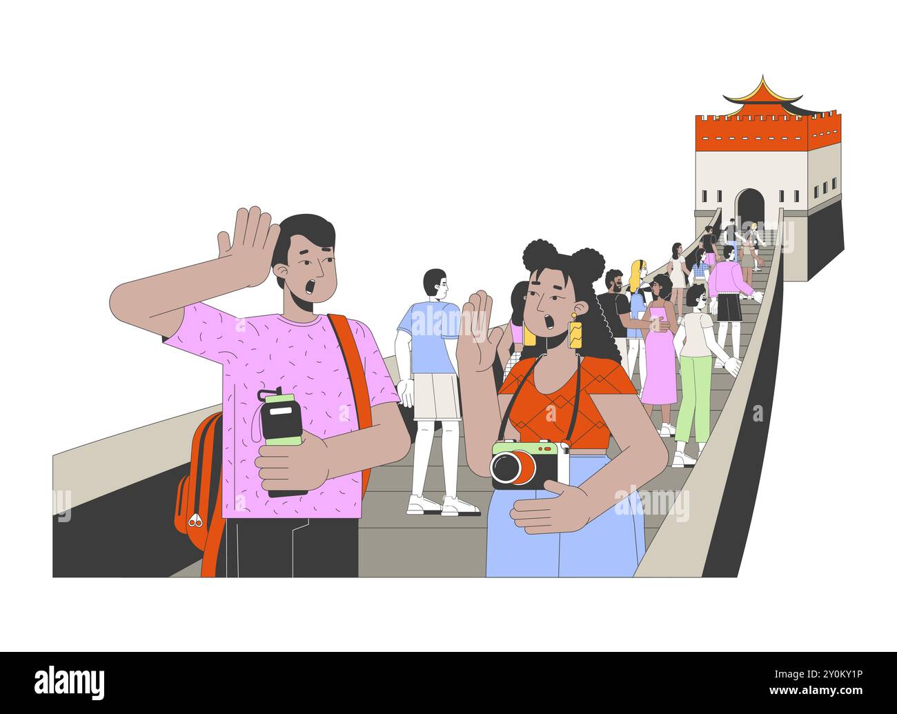 Group of excited tourists on great wall of china 2D linear cartoon ...