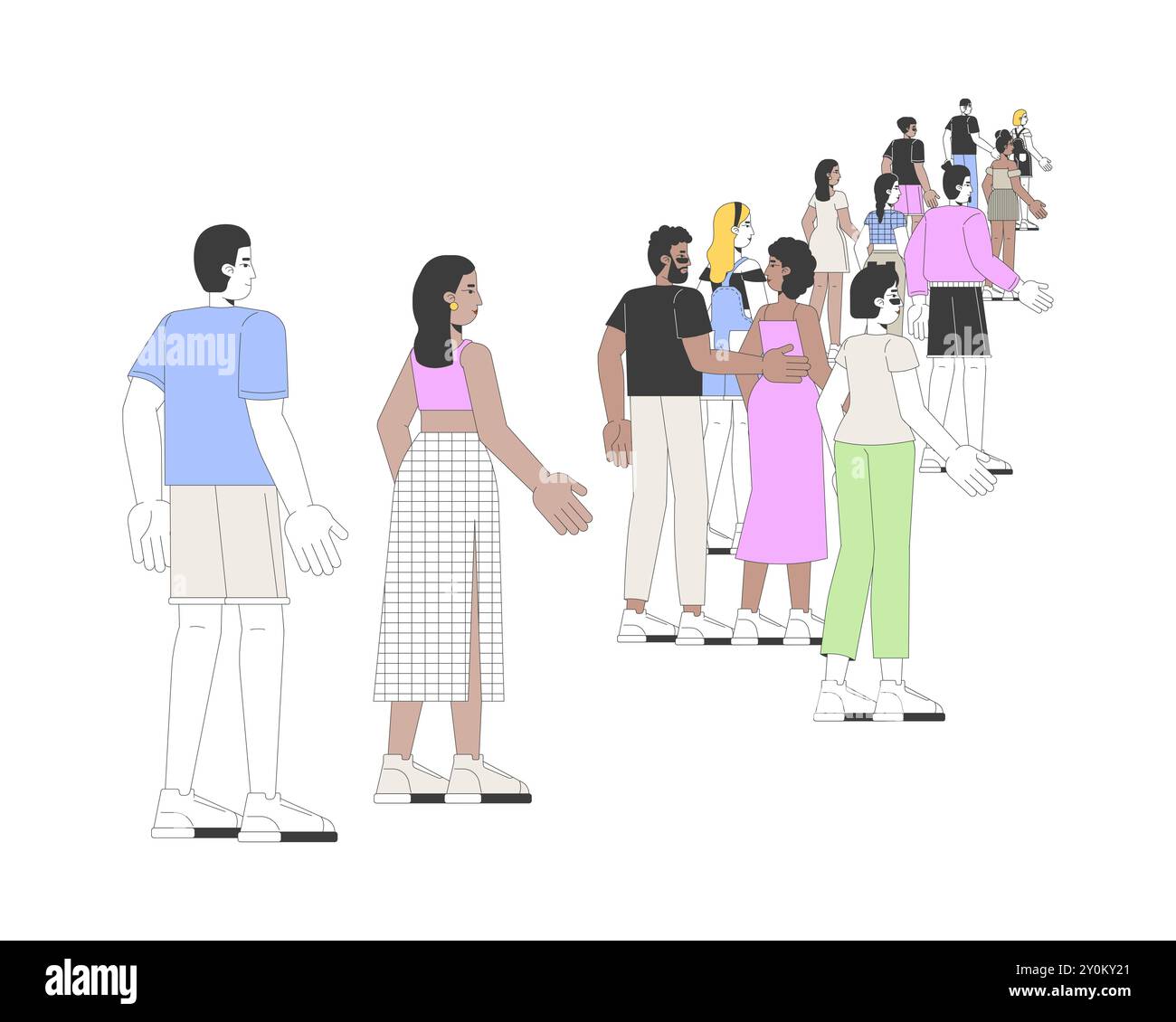 Multicultural people walking strolling 2D linear cartoon characters ...