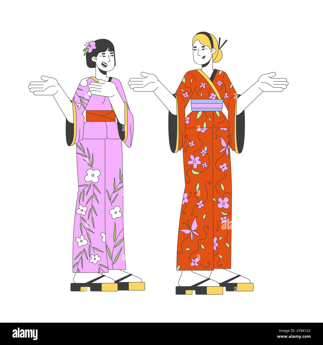 Diverse japan tourists wearing kimono 2D linear cartoon characters ...