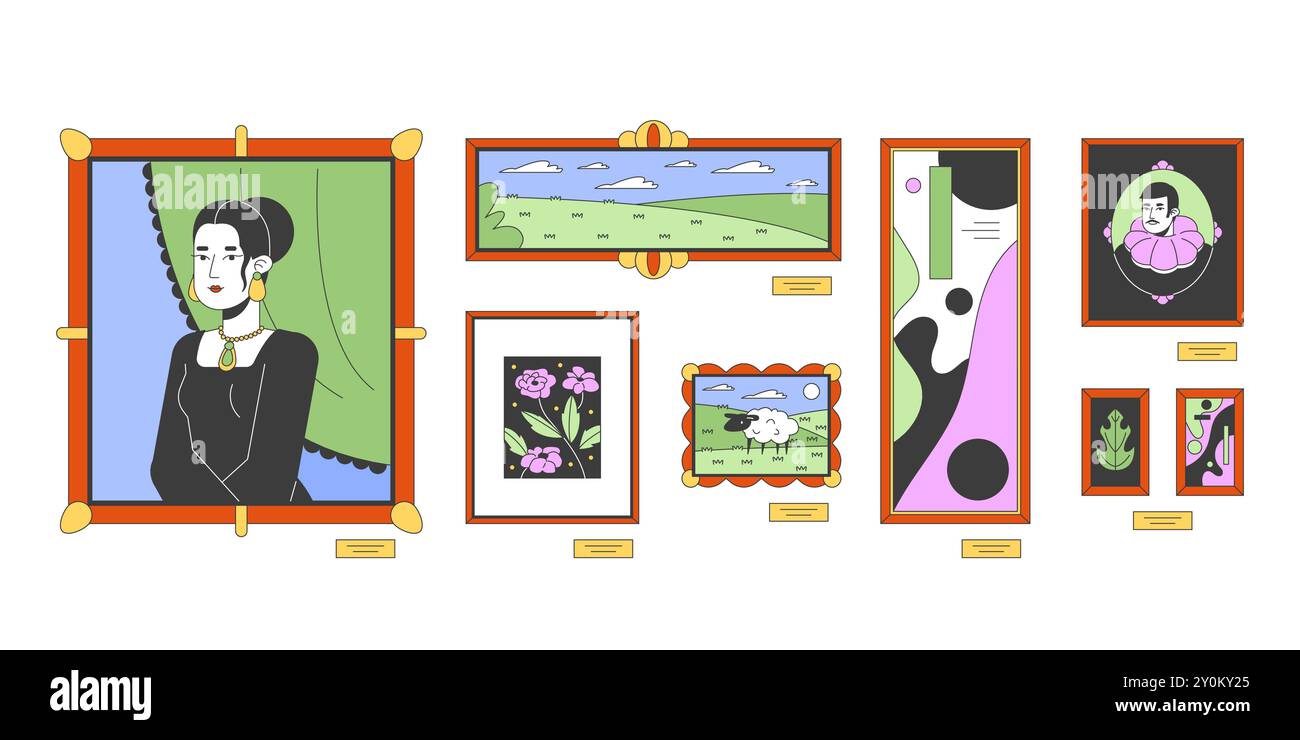 Famous paintings for art gallery 2D linear cartoon objects set Stock ...