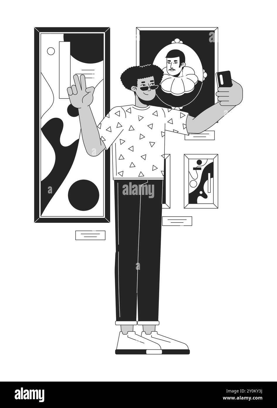 Man posing for selfie against famous paintings black and white 2D line ...