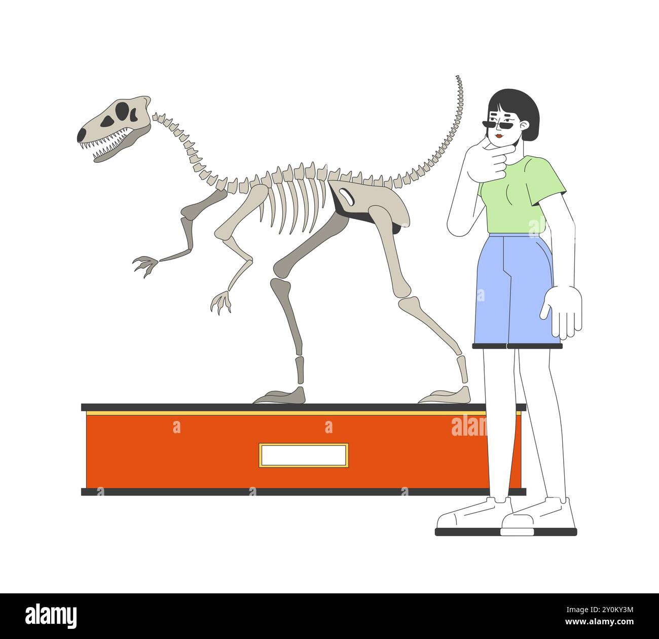 Asian woman looking at velociraptor fossil exhibit 2D linear cartoon ...