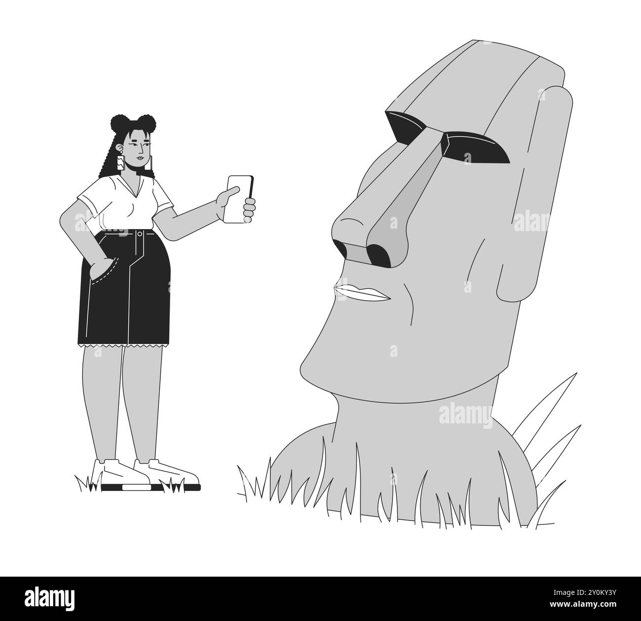 Curvy latina tourist taking photo of moai statue black and white 2D line cartoon character Stock ...