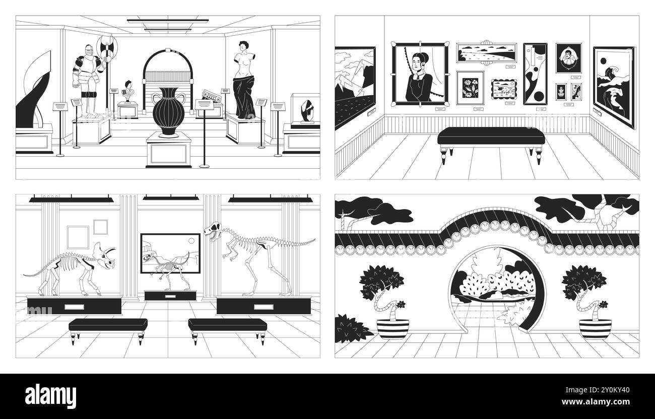 Museums art galleries black and white line illustrations set Stock ...