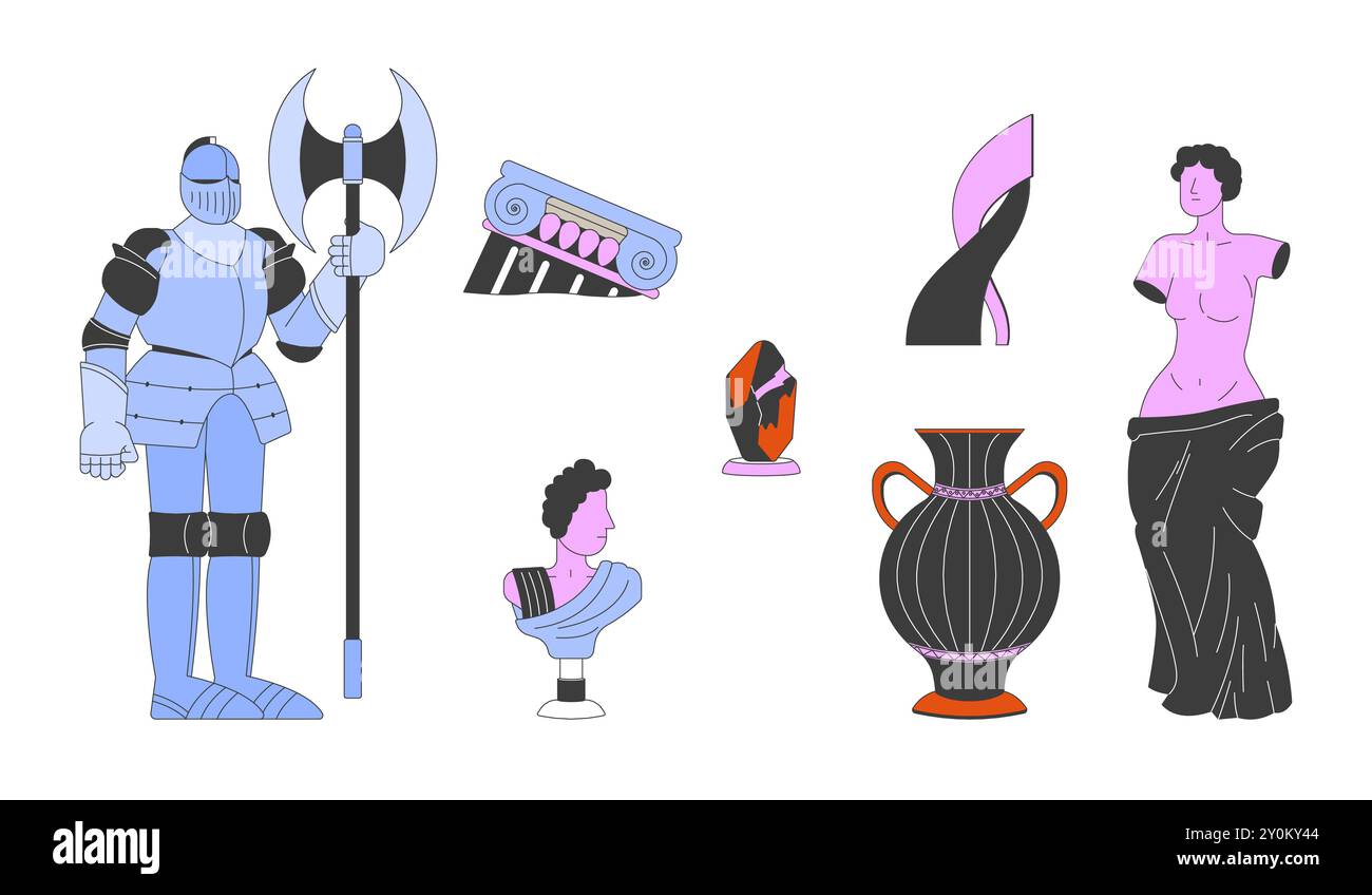 Ancient Museum Artifacts 2d Linear Cartoon Objects Set Stock Vector Image And Art Alamy