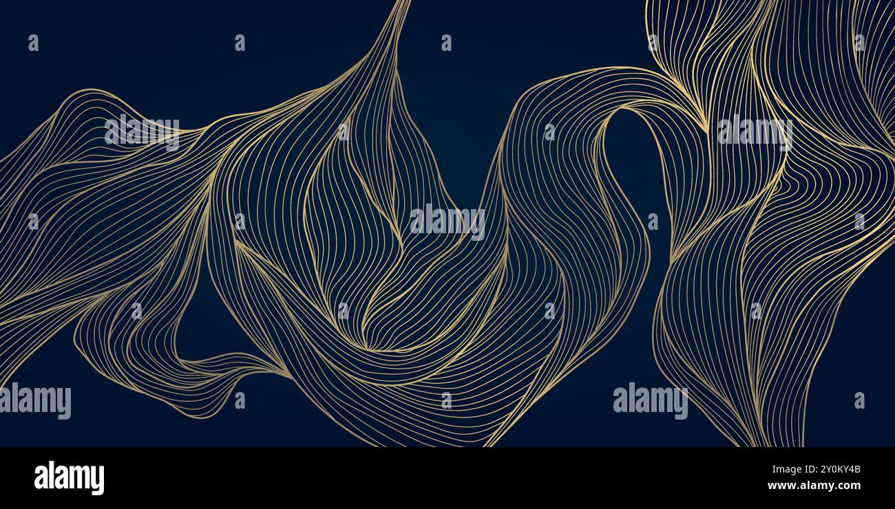 Vector art deco floral pattern, wavy luxury golden line background ...